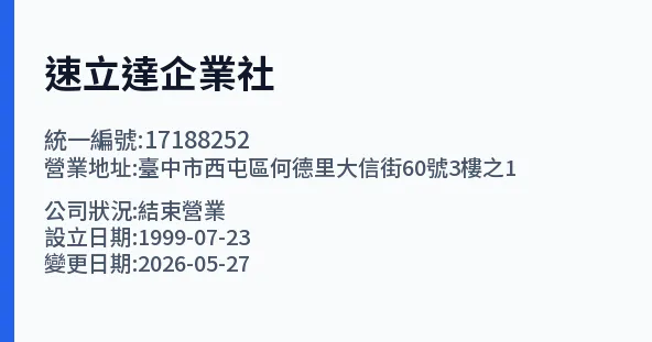 速立達企業社的照片-統編 17188252(臺中市) 公司登記資料與營業項目詳細圖表