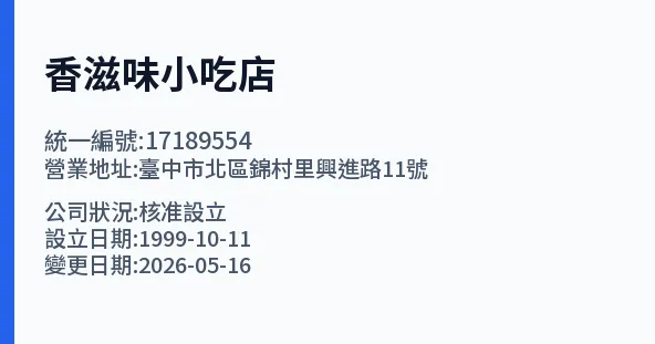 香滋味小吃店的照片-統編 17189554(臺中市) 公司登記資料與營業項目詳細圖表