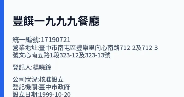 豐饌一九九九餐廳的照片-統編 17190721(臺中市) 公司登記資料與營業項目詳細圖表
