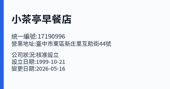 小茶亭早餐店的照片-統編 17190996(臺中市) 公司登記資料與營業項目詳細圖表