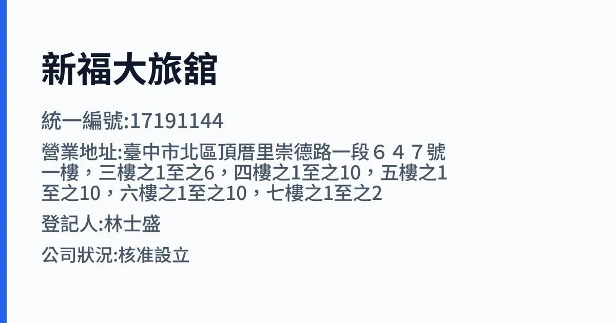 新福大旅舘 - 統編 17191144(臺中市) 公司登記資料與營業項目詳細圖表