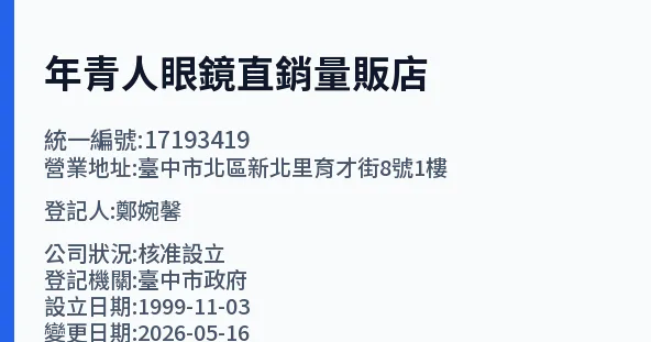年青人眼鏡直銷量販店的照片-統編 17193419(臺中市) 公司登記資料與營業項目詳細圖表