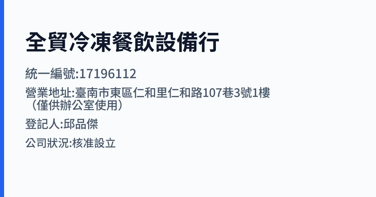 全貿冷凍餐飲設備行 - 統編 17196112(臺南市) 公司登記資料與營業項目詳細圖表