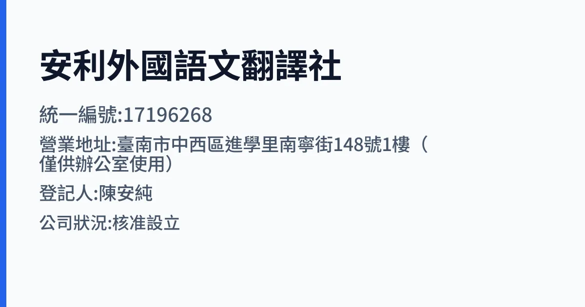 安利外國語文翻譯社 - 統編 17196268(臺南市) 公司登記資料與營業項目詳細圖表