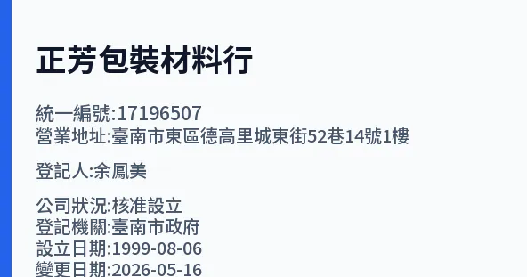 正芳包裝材料行的照片-統編 17196507(臺南市) 公司登記資料與營業項目詳細圖表