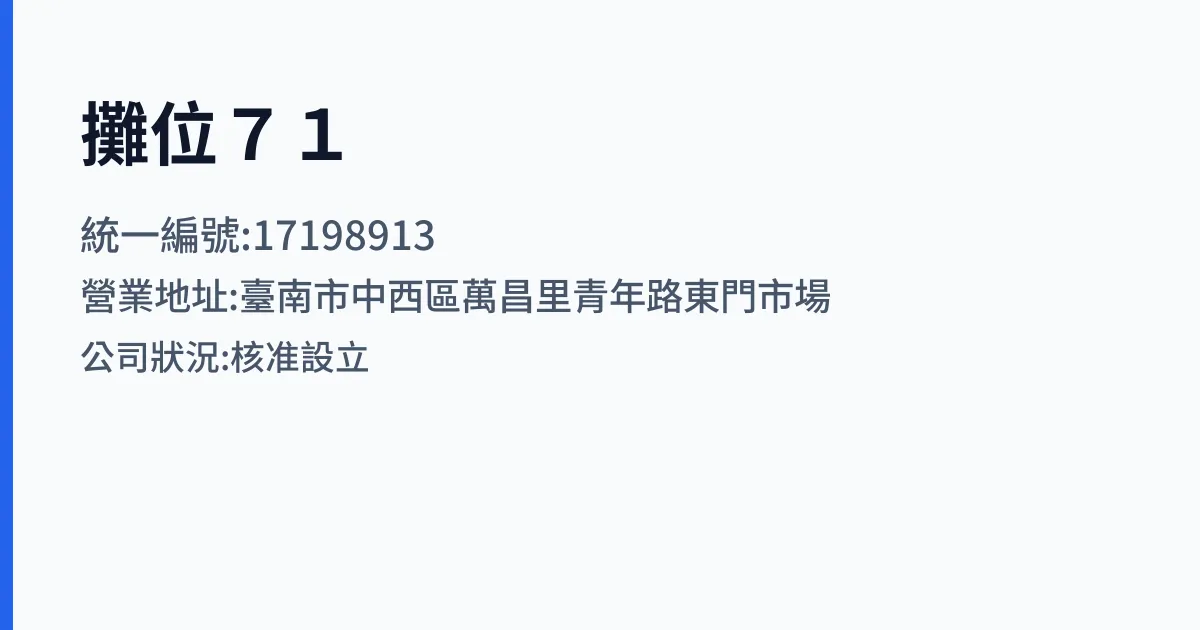 攤位71 - 統編 17198913(臺南市) 公司登記資料與營業項目詳細圖表