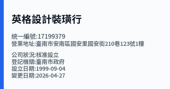 英格設計裝璜行的照片-統編 17199379(臺南市) 公司登記資料與營業項目詳細圖表