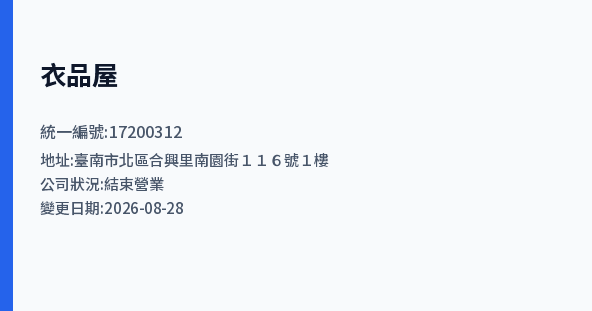 衣品屋的照片-統編 17200312(臺南市) 公司登記資料與營業項目詳細圖表