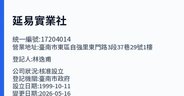 延易實業社的照片-統編 17204014(臺南市) 公司登記資料與營業項目詳細圖表