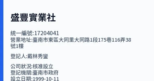 盛豐實業社的照片-統編 17204041(臺南市) 公司登記資料與營業項目詳細圖表
