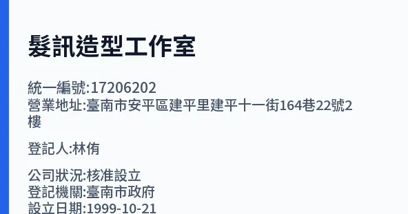 髮訊造型工作室的照片-統編 17206202(臺南市) 公司登記資料與營業項目詳細圖表
