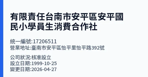 有限責任台南市安平區安平國民小學員生消費合作社的照片-統編 17206511(臺南市) 公司登記資料與營業項目詳細圖表