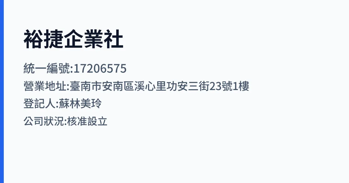 裕捷企業社 - 統編 17206575(臺南市) 公司登記資料與營業項目詳細圖表