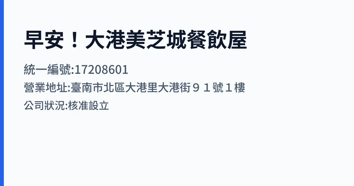 早安！大港美芝城餐飲屋 - 統編 17208601（臺南市） 公司登記資料與營業項目詳細圖表