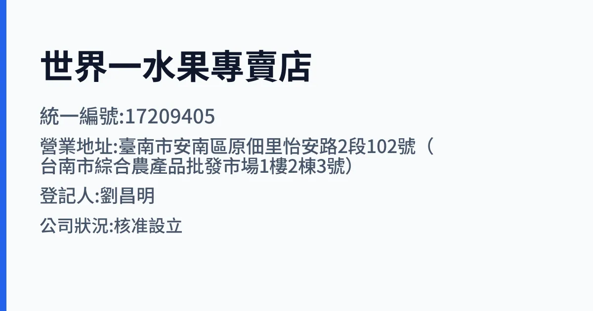 世界一水果專賣店 - 統編 17209405(臺南市) 公司登記資料與營業項目詳細圖表