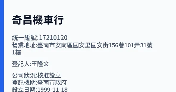 奇昌機車行的照片-統編 17210120(臺南市) 公司登記資料與營業項目詳細圖表