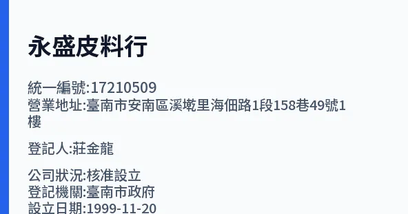 永盛皮料行的照片-統編 17210509(臺南市) 公司登記資料與營業項目詳細圖表