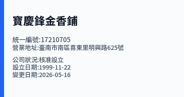 寶慶鋒金香鋪的照片-統編 17210705(臺南市) 公司登記資料與營業項目詳細圖表