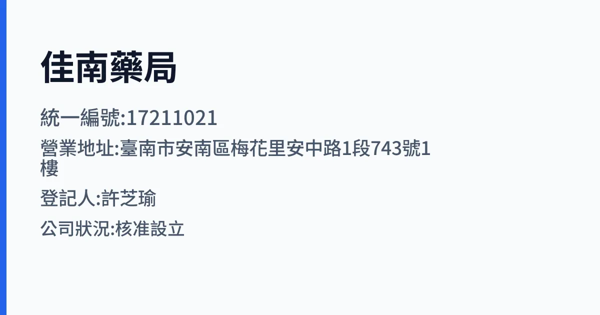 佳南藥局 - 統編 17211021(臺南市) 公司登記資料與營業項目詳細圖表