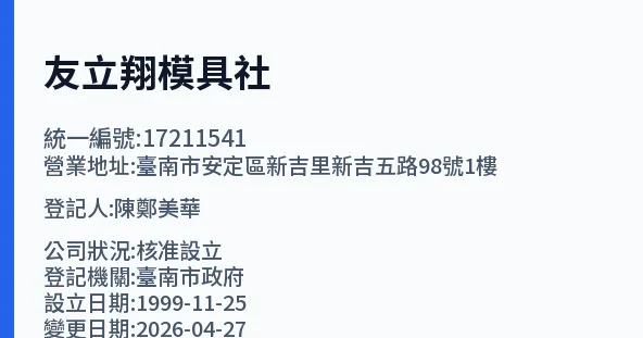 友立翔模具社的照片-統編 17211541(臺南市) 公司登記資料與營業項目詳細圖表