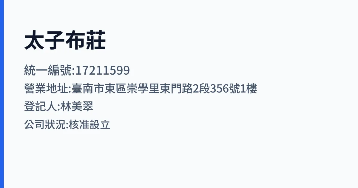 太子布莊 - 統編 17211599(臺南市) 公司登記資料與營業項目詳細圖表