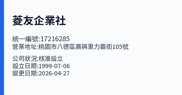 菱友企業社的照片-統編 17216285(桃園市) 公司登記資料與營業項目詳細圖表