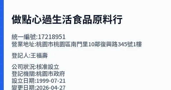 做點心過生活食品原料行的照片-統編 17218951(桃園市) 公司登記資料與營業項目詳細圖表