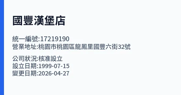 國豐漢堡店的照片-統編 17219190(桃園市) 公司登記資料與營業項目詳細圖表