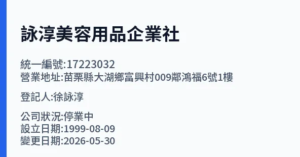詠淳美容用品企業社的照片-統編 17223032(苗栗縣) 公司登記資料與營業項目詳細圖表