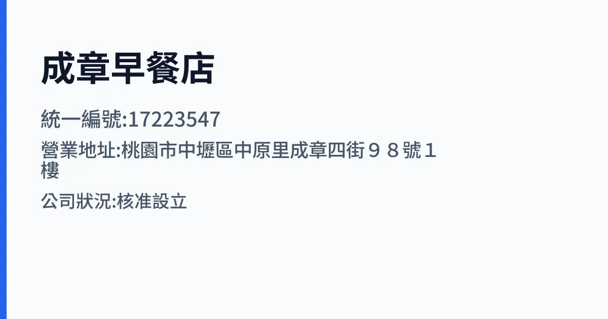 成章早餐店 - 統編 17223547(桃園市) 公司登記資料與營業項目詳細圖表