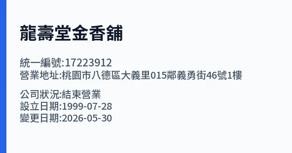 龍壽堂金香舖的照片-統編 17223912(桃園市) 公司登記資料與營業項目詳細圖表