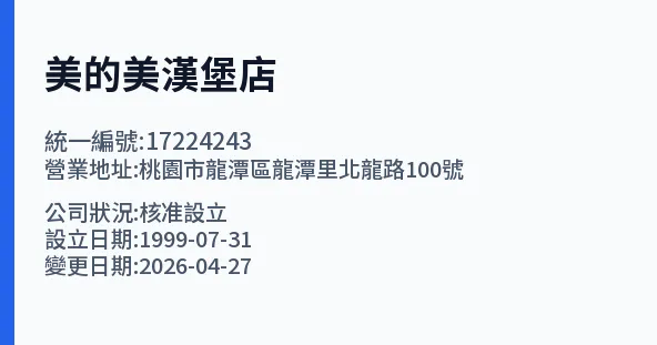 美的美漢堡店的照片-統編 17224243(桃園市) 公司登記資料與營業項目詳細圖表