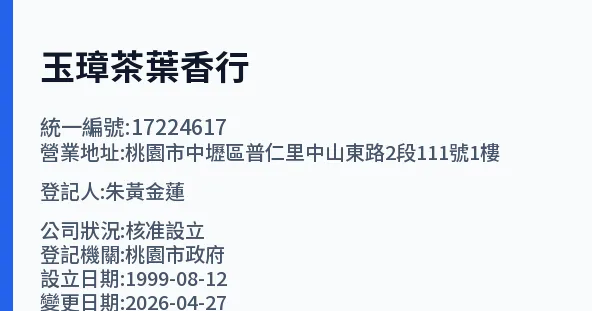 玉璋茶葉香行的照片-統編 17224617(桃園市) 公司登記資料與營業項目詳細圖表