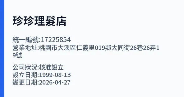 珍珍理髮店的照片-統編 17225854(桃園市) 公司登記資料與營業項目詳細圖表