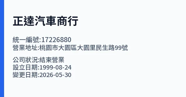 正達汽車商行的照片-統編 17226880(桃園市) 公司登記資料與營業項目詳細圖表