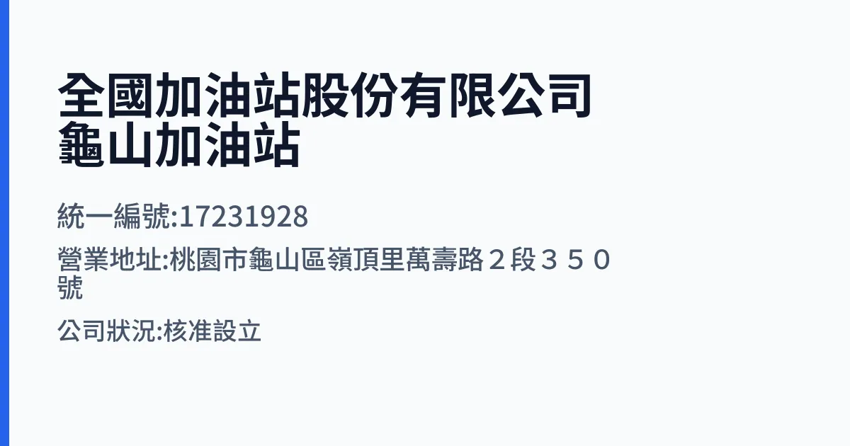 全國加油站股份有限公司龜山加油站 - 統編 17231928(桃園市) 公司登記資料與營業項目詳細圖表