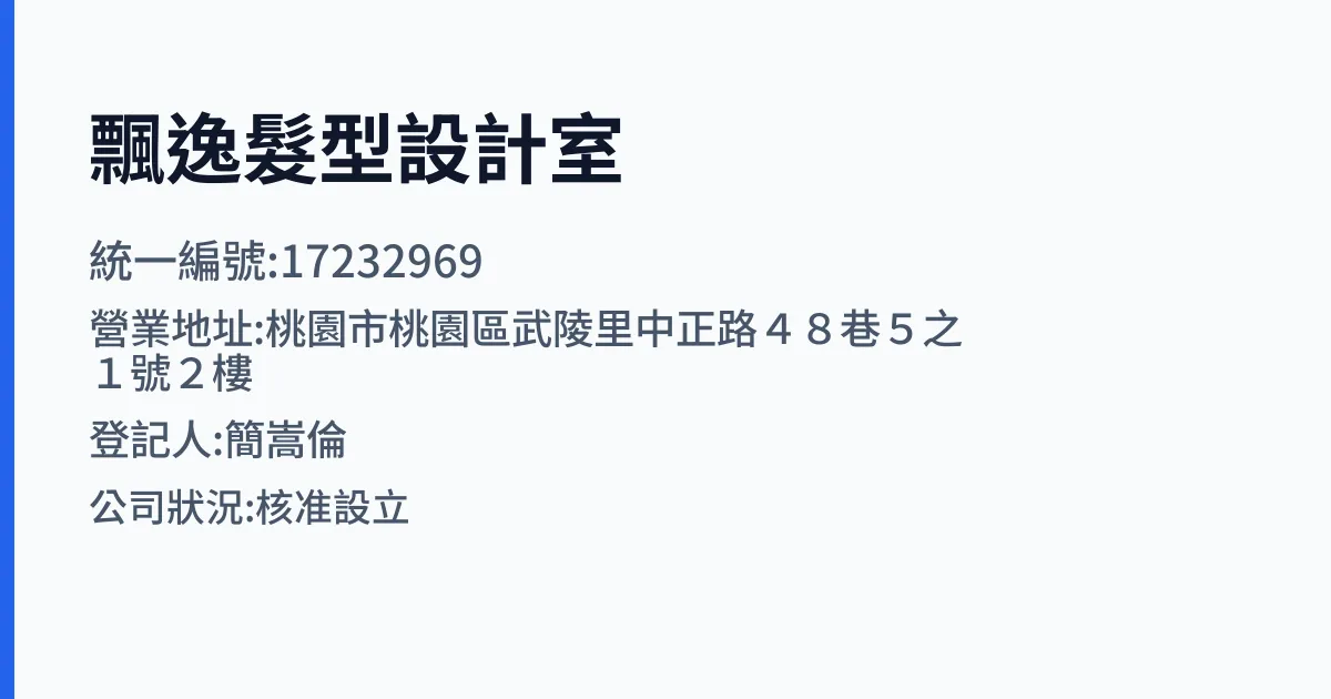 飄逸髮型設計室 - 統編 17232969(桃園市) 公司登記資料與營業項目詳細圖表
