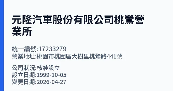 元隆汽車股份有限公司桃鶯營業所的照片-統編 17233279(桃園市) 公司登記資料與營業項目詳細圖表