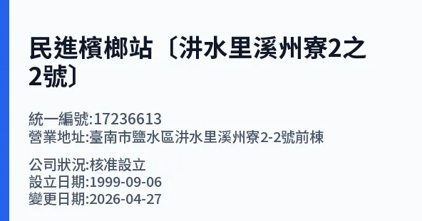 民進檳榔站〔汫水里溪州寮2之2號〕的照片-統編 17236613(臺南市) 公司登記資料與營業項目詳細圖表