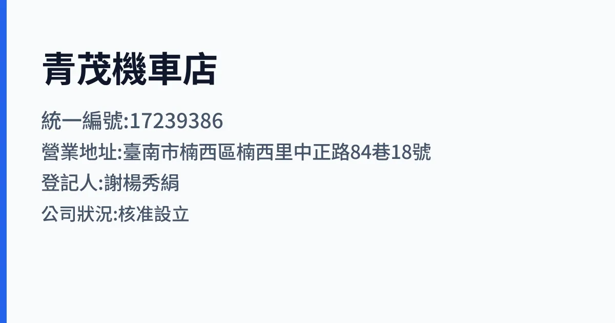 青茂機車店 - 統編 17239386(臺南市) 公司登記資料與營業項目詳細圖表