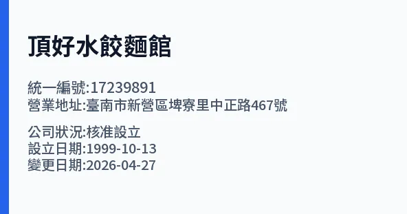 頂好水餃麵館的照片-統編 17239891(臺南市) 公司登記資料與營業項目詳細圖表