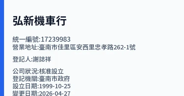 弘新機車行的照片-統編 17239983(臺南市) 公司登記資料與營業項目詳細圖表
