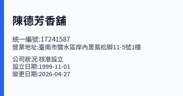 陳德芳香舖的照片-統編 17241587(臺南市) 公司登記資料與營業項目詳細圖表