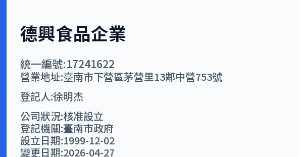 德興食品企業的照片-統編 17241622(臺南市) 公司登記資料與營業項目詳細圖表