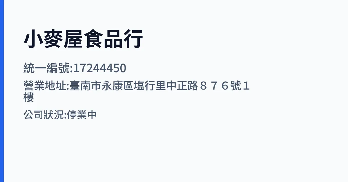 小麥屋食品行 - 統編 17244450(臺南市) 公司登記資料與營業項目詳細圖表