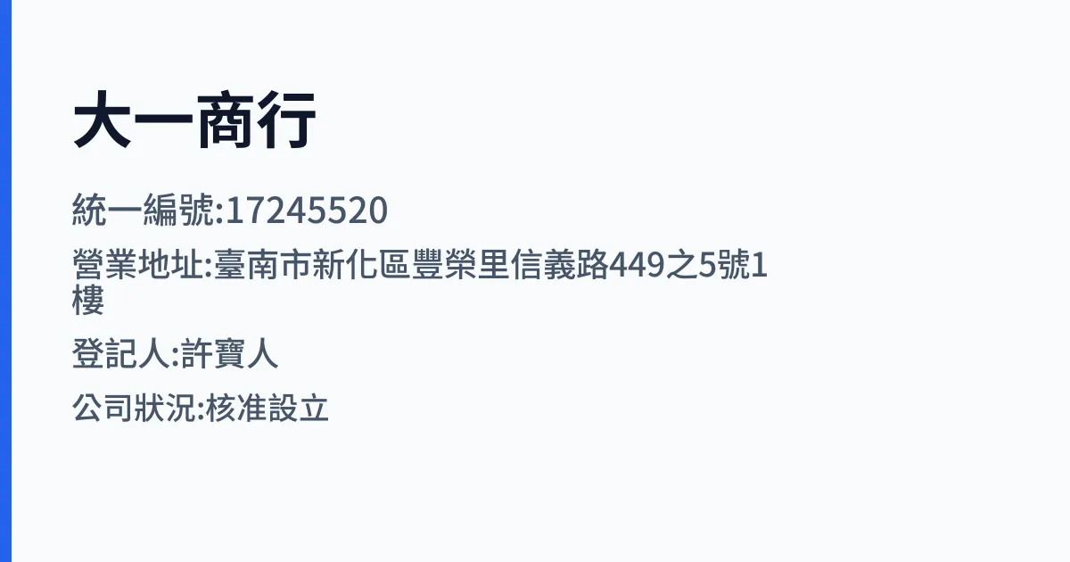 大一商行 - 統編 17245520(臺南市) 公司登記資料與營業項目詳細圖表