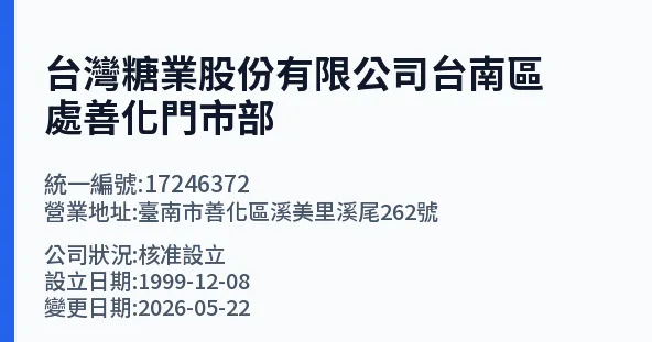 台灣糖業股份有限公司台南區處善化門市部的照片-統編 17246372(臺南市) 公司登記資料與營業項目詳細圖表