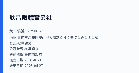 欣昌眼鏡實業社的照片-統編 17250868(臺南市) 公司登記資料與營業項目詳細圖表