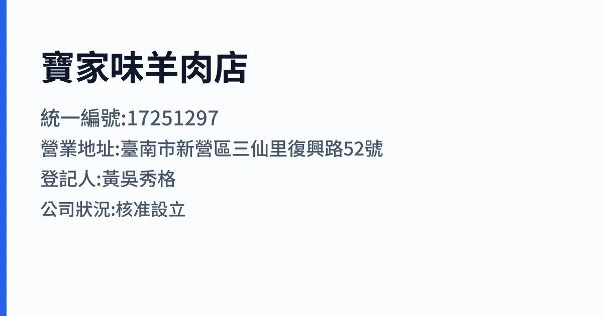 寶家味羊肉店 - 統編 17251297(臺南市) 公司登記資料與營業項目詳細圖表