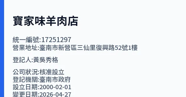 寶家味羊肉店的照片-統編 17251297(臺南市) 公司登記資料與營業項目詳細圖表